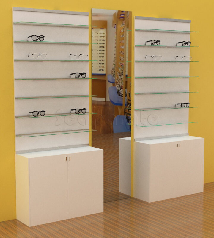 Exhibidores de pared para lentes con detalles de calidad.